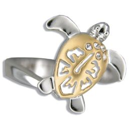 Sterling Silver Hawaiian 2 Toned Hibiscus Honu Ring